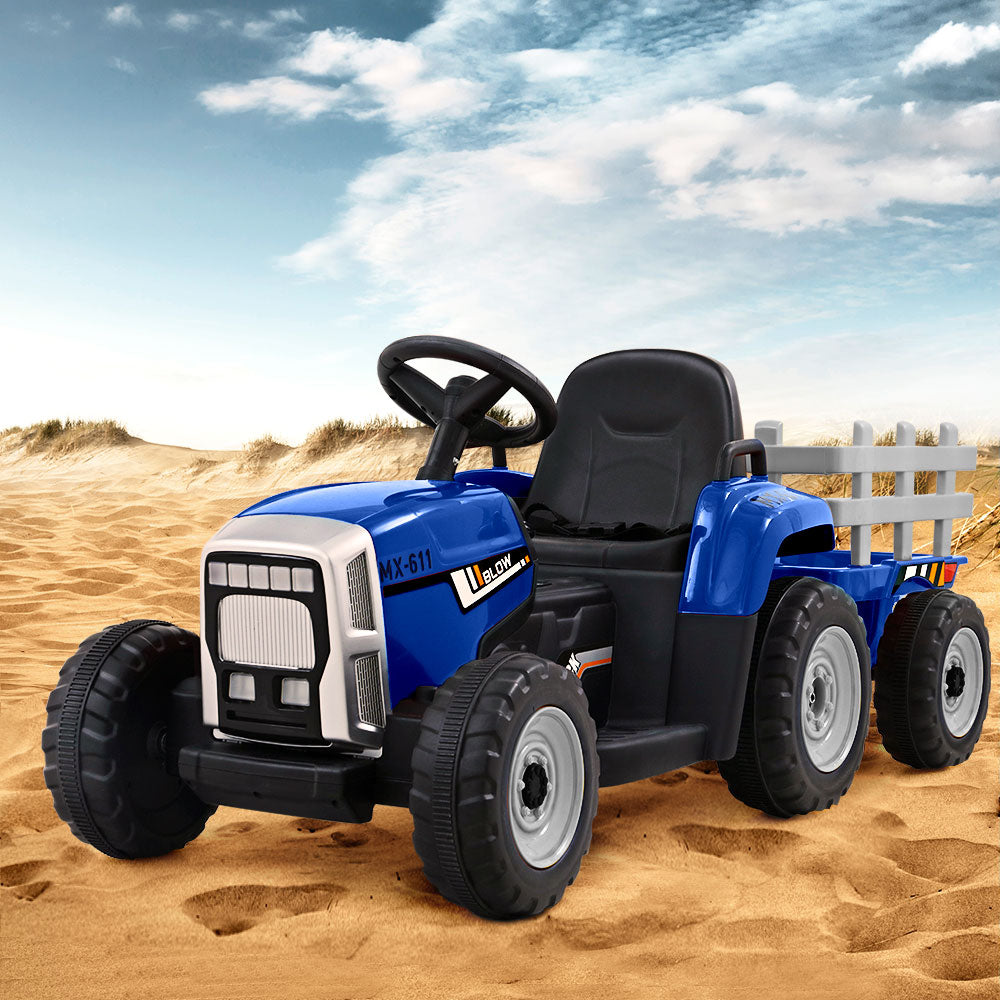 Rigo Kids Electric 12v Farm Tractor Trailer Ride On Kids Car Blue